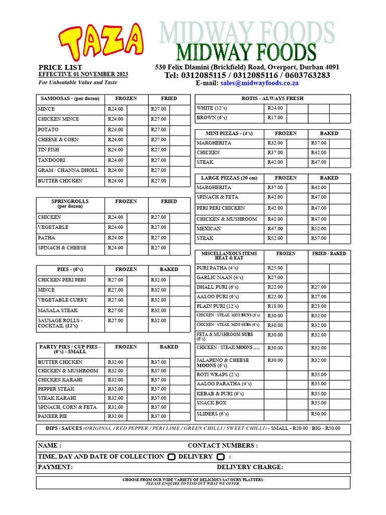 Taza Price List Nov 2023 | PDF | Pizza | Cuisine Of The Americas