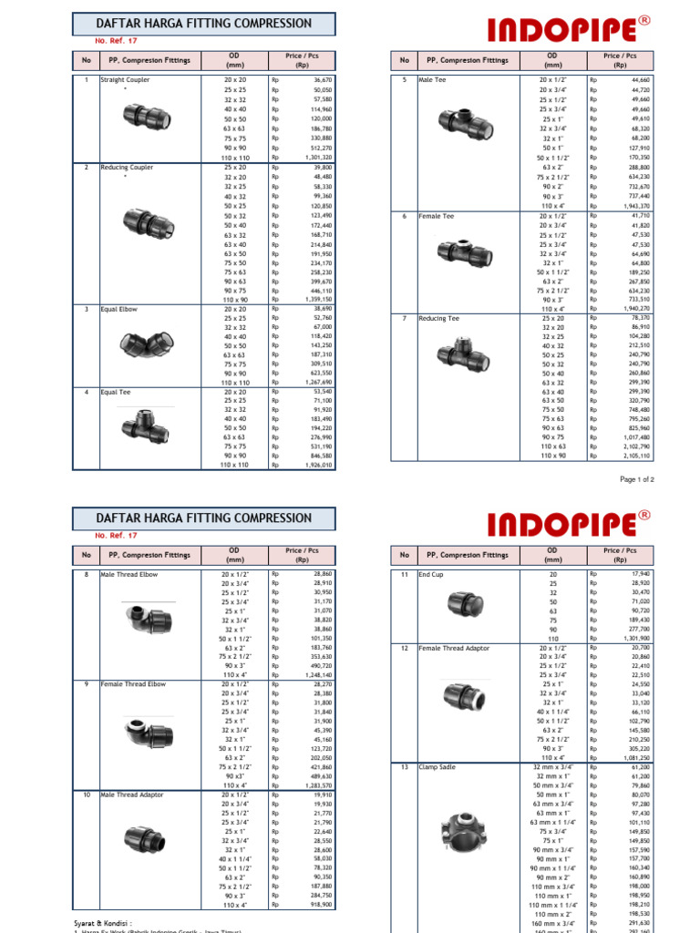 INDOPIPE PRICE LIST - Fitting Compression | PDF | Plumbing
