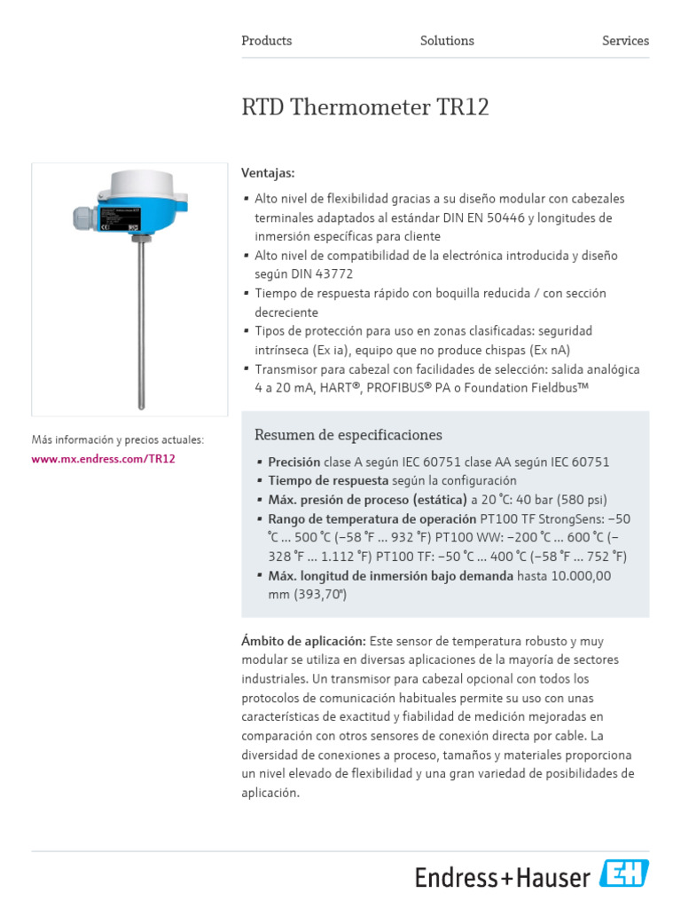 Endress-Hauser RTD Thermometer TR12 ES | PDF | Sensor | Metrología