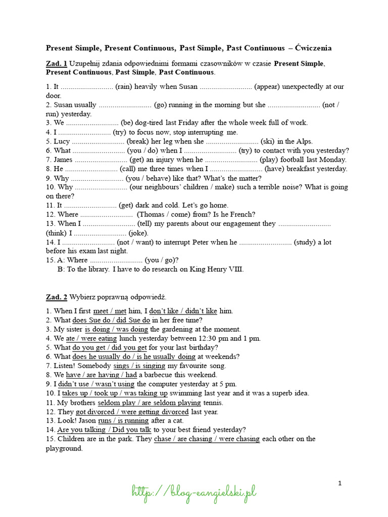 Present Simple Present Continuous Past Simple Past Continuous Ćwiczenia | PDF