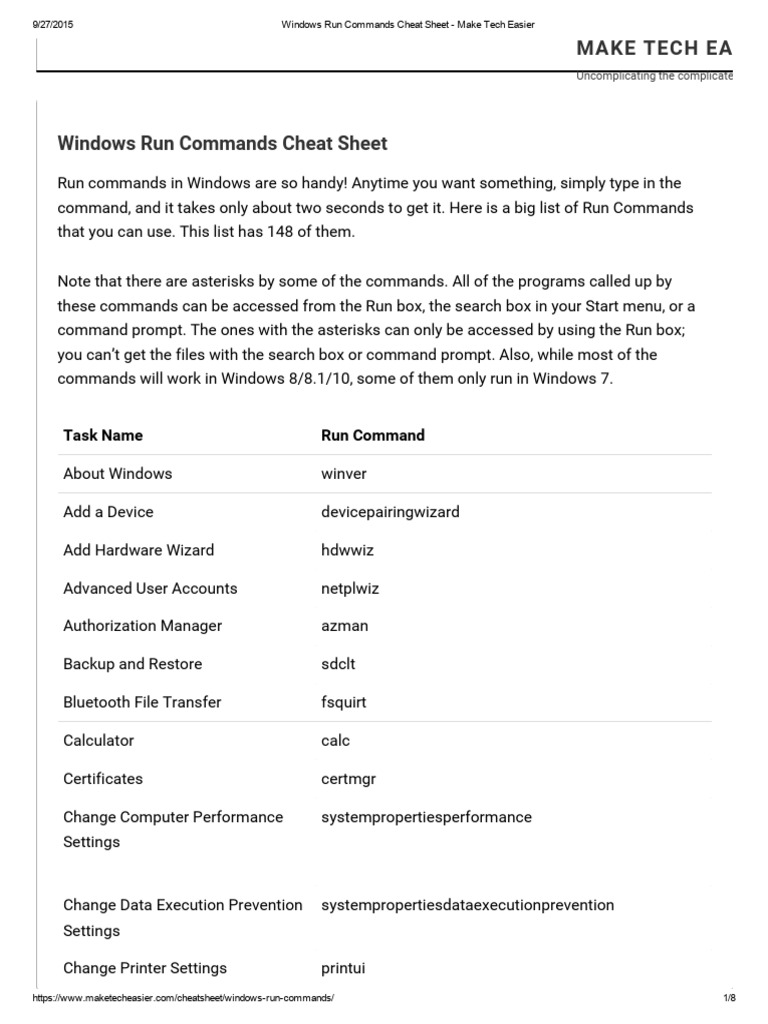 Windows Run Commands Cheat Sheet - Make Tech Easier | PDF | Microsoft Windows | Windows Registry