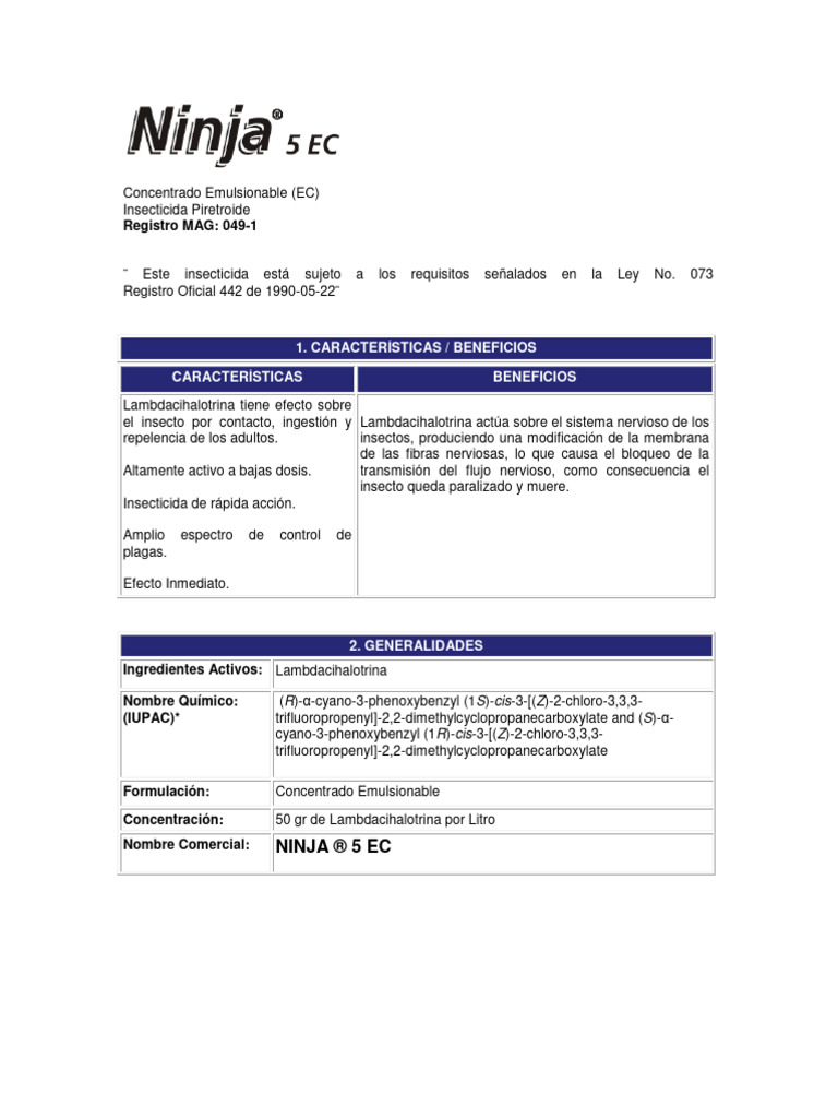 Ec Ficha Tecnica Ninja 5 Ec Mar 17 | PDF | Agua | Insectos