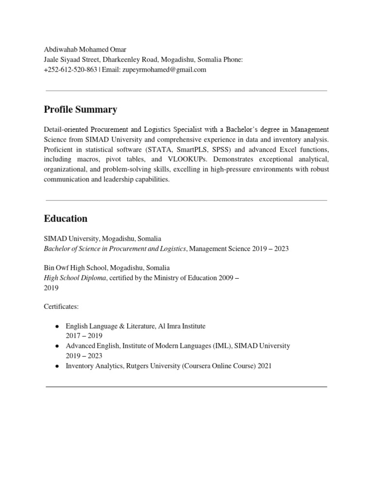 Abdiwahab Mohamed Omar CV.1 | PDF | Logistics | Microsoft Excel