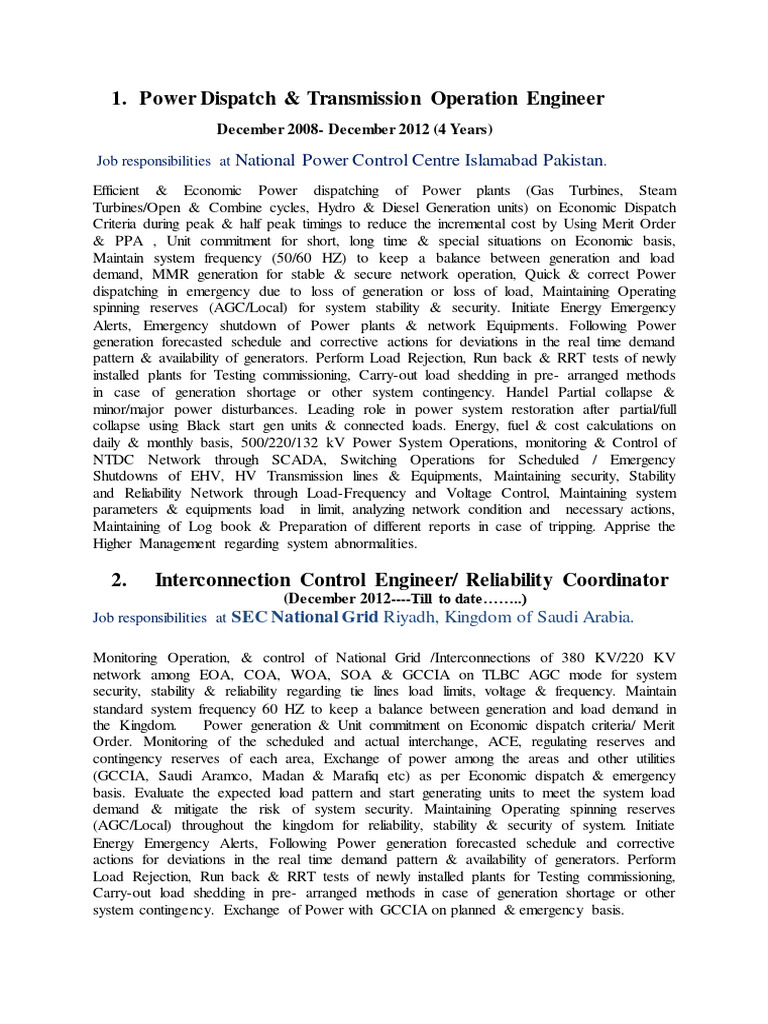 Summary As Power Dispatching & Interconnection Control Supervisory ...