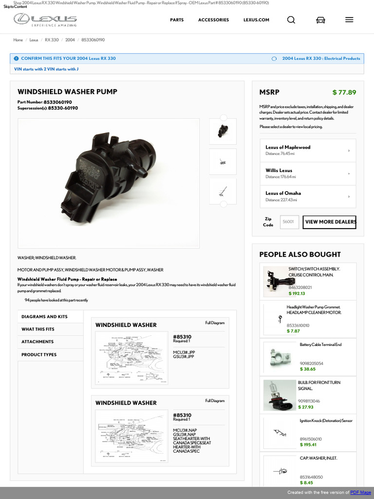 2004 Lexus RX 330 Windshield Washer Pump. Washer Windshield Washer ...