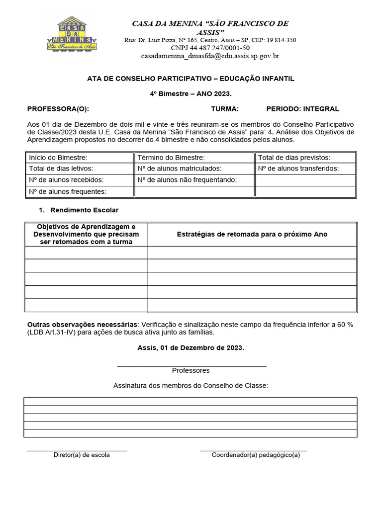 Ata de Conselho de Classe - Infantil 2023-4 | PDF
