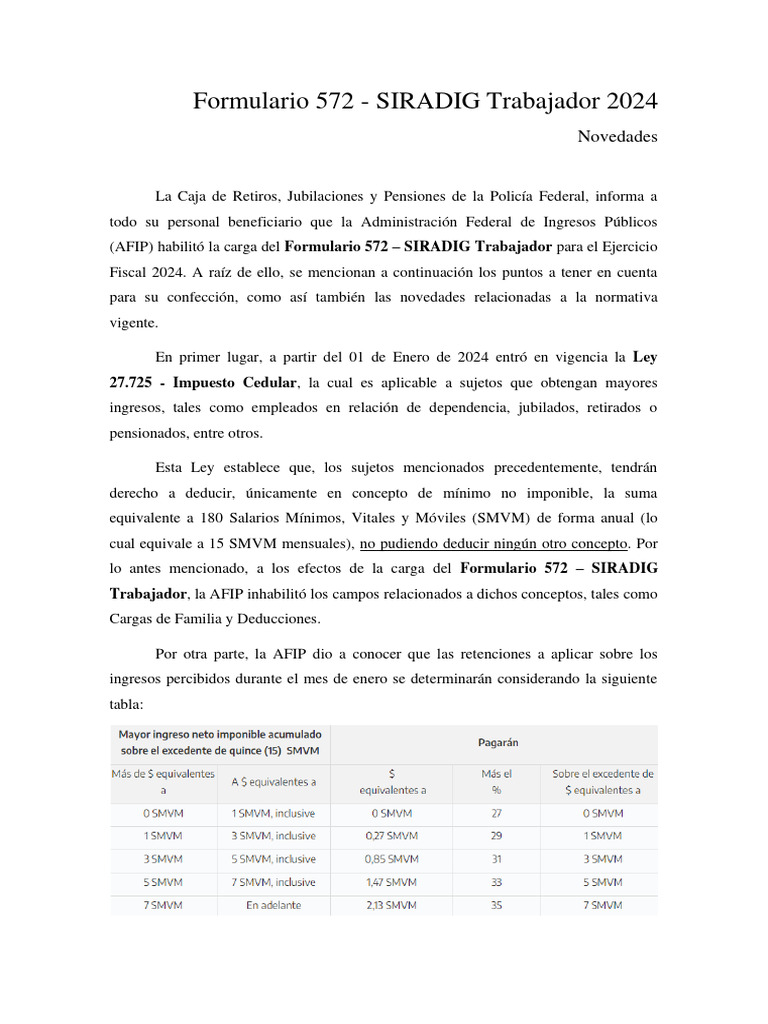 Formulario 572 - SIRADIG Trabajador 2024 | PDF | Salario mínimo | Gobierno