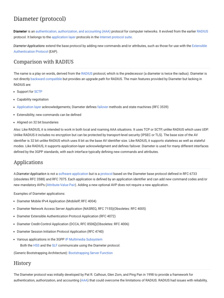 Diameter (Protocol) - Wikipedia | PDF | Radius | Application Layer Protocols