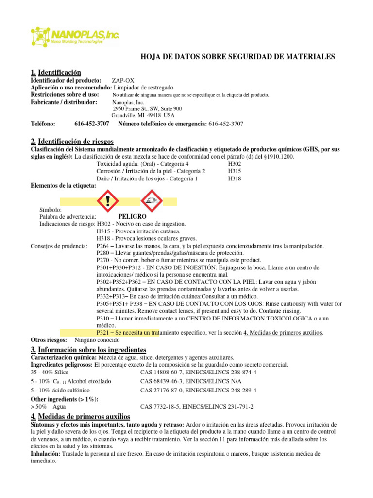 Zap Ox SDS Spanish | PDF | Residuos