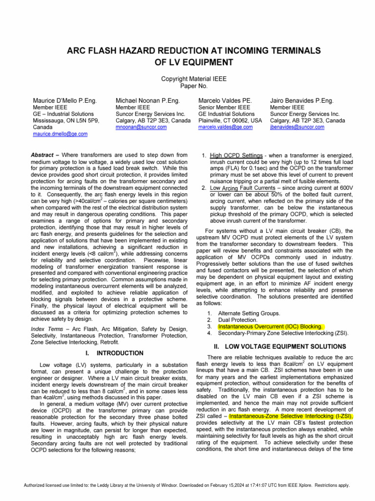 Arc Flash Hazard Reduction at Incoming Terminals of LV Equipment | PDF ...