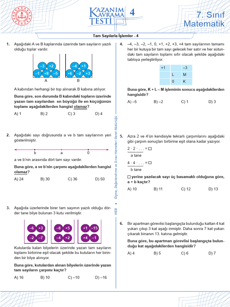Sınıf 7. Sınıf Matematik Matematik: Tam Sayılarla İşlemler - 4 | PDF