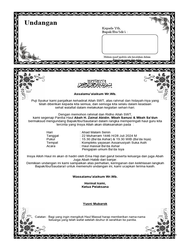 Undangan Haul Abah H. Zainal Abidin | PDF