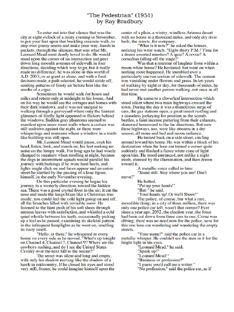 The Pedestrian - Ray Bradbury | PDF