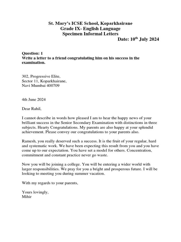 Specimen Informal Letters for Grade IX | PDF