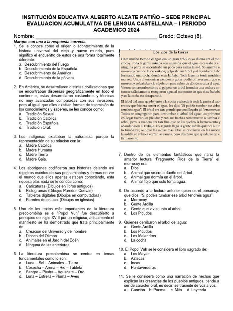 Evaluación Lengua Castellana 8º 2024 | PDF