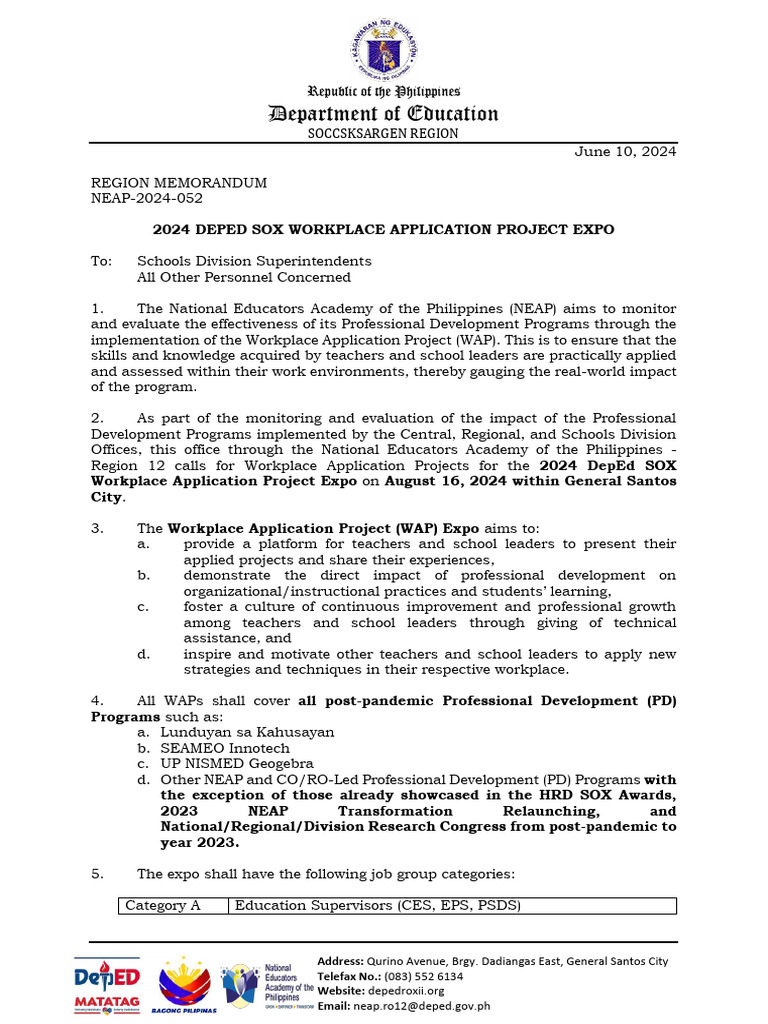 Region Memorandum NEAP-2024-052 2024 DEPED SOX WORKPLACE APPLICATION PROJECT EXPO | PDF ...