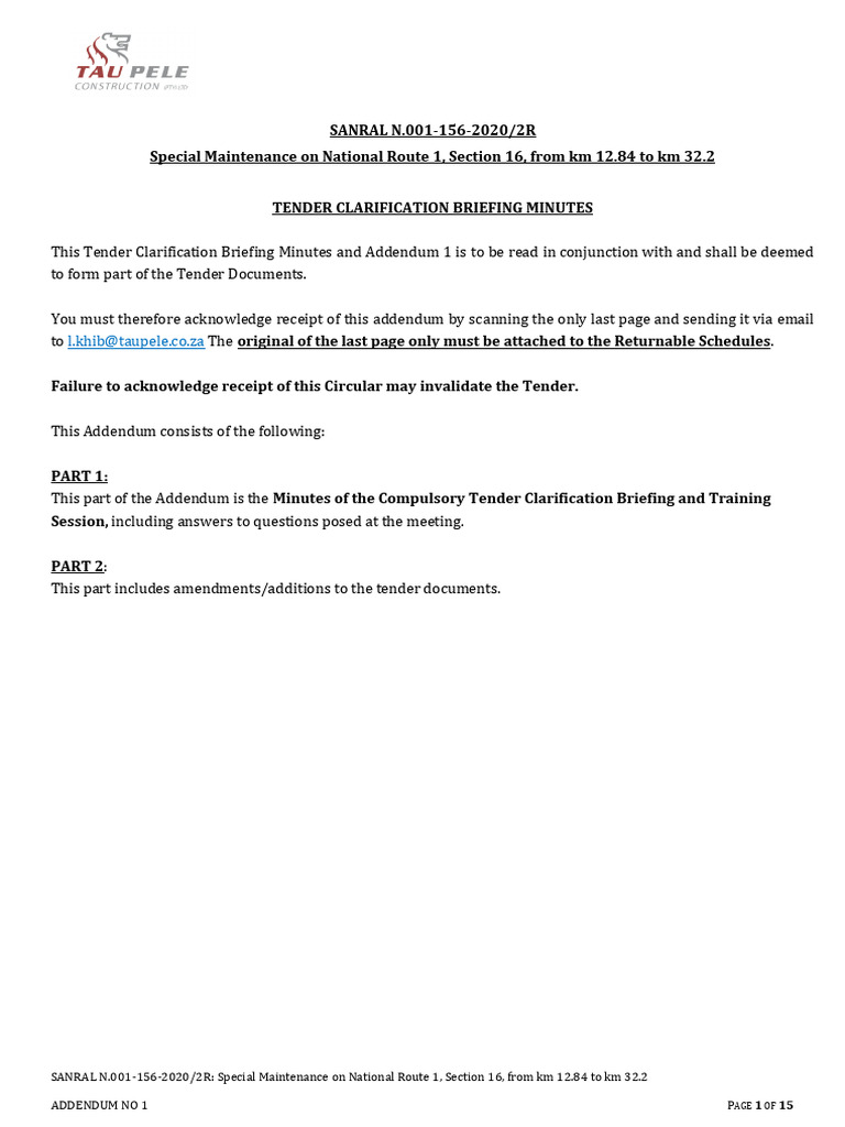 SANRAL N001 - 156 - 2020 - 2R Round 1 Tender Clarification Briefing ...
