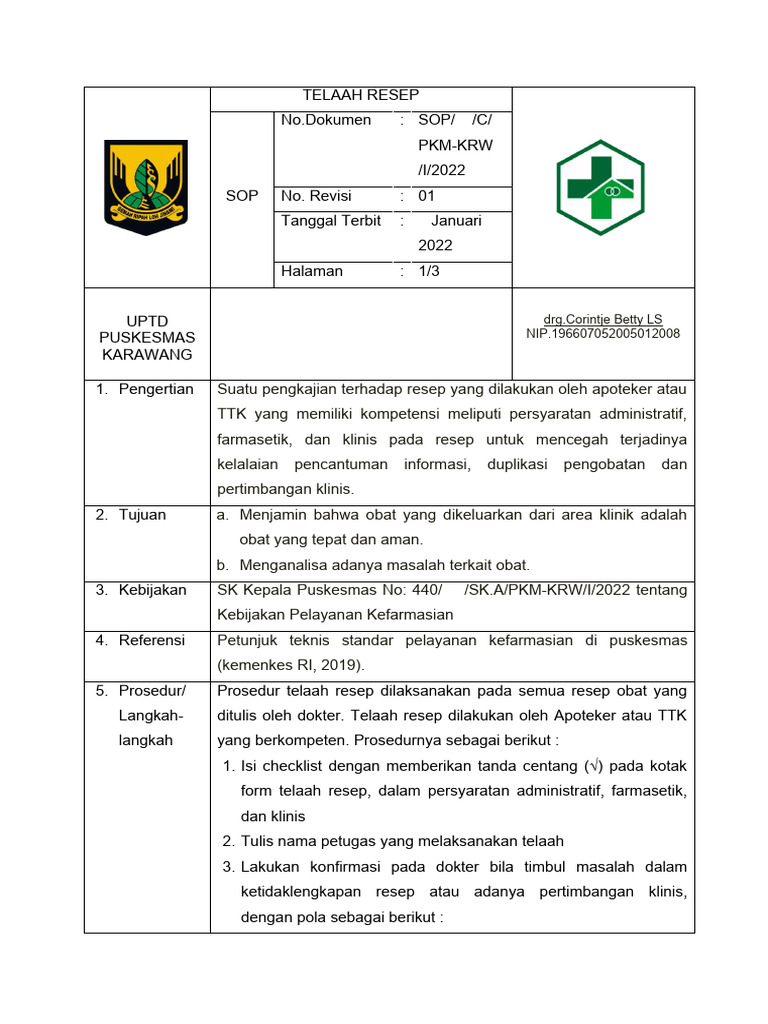 Sop Telaah Resep Fix 2022 Pdf