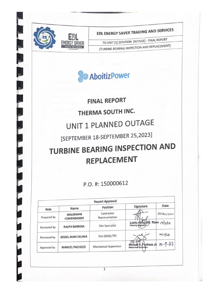 Cover Page of Turbine Bearing Inspection (With Signed) | PDF