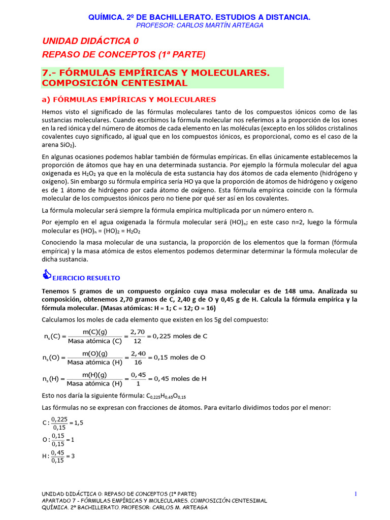 Formulas Empiricas y Moleculares. Composicion Centesimal | PDF ...