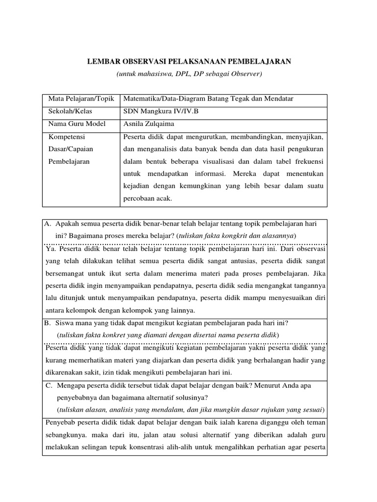 PTT 2 Lampiran 5. LK 4 Lembar Observasi Pelaksanaan Pembelajaran Untuk Observer | PDF