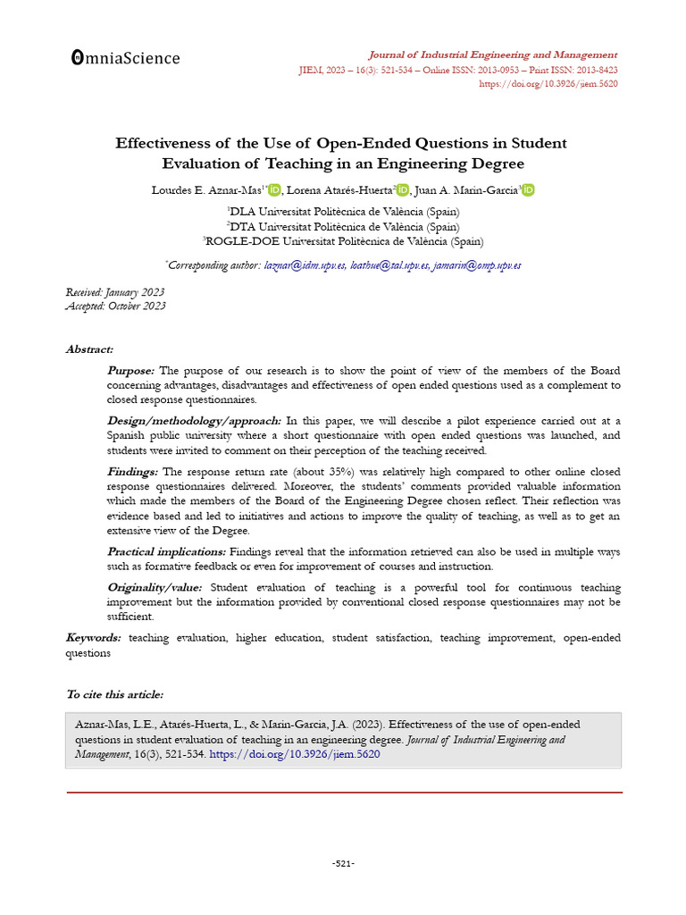 Aznar-Mas - 2023 - Effectiveness of The Use of Open-Ended Questions in Student Evaluation of ...