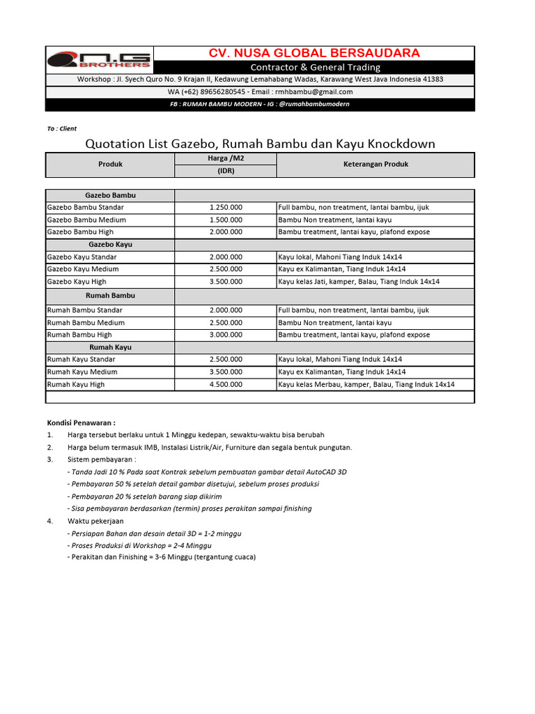 Quotation List Rumah Bambu Dan Kayu 2024 | PDF