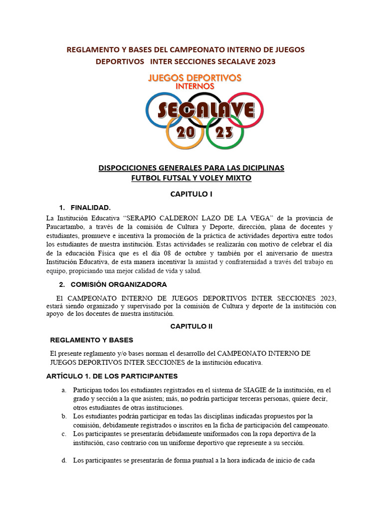 REGLAMENTO Y BASES DEL CAMPEONATO INTERNO Dia de Educ, Fisica DE JUEGOS DEPORTIVOS INTER ...