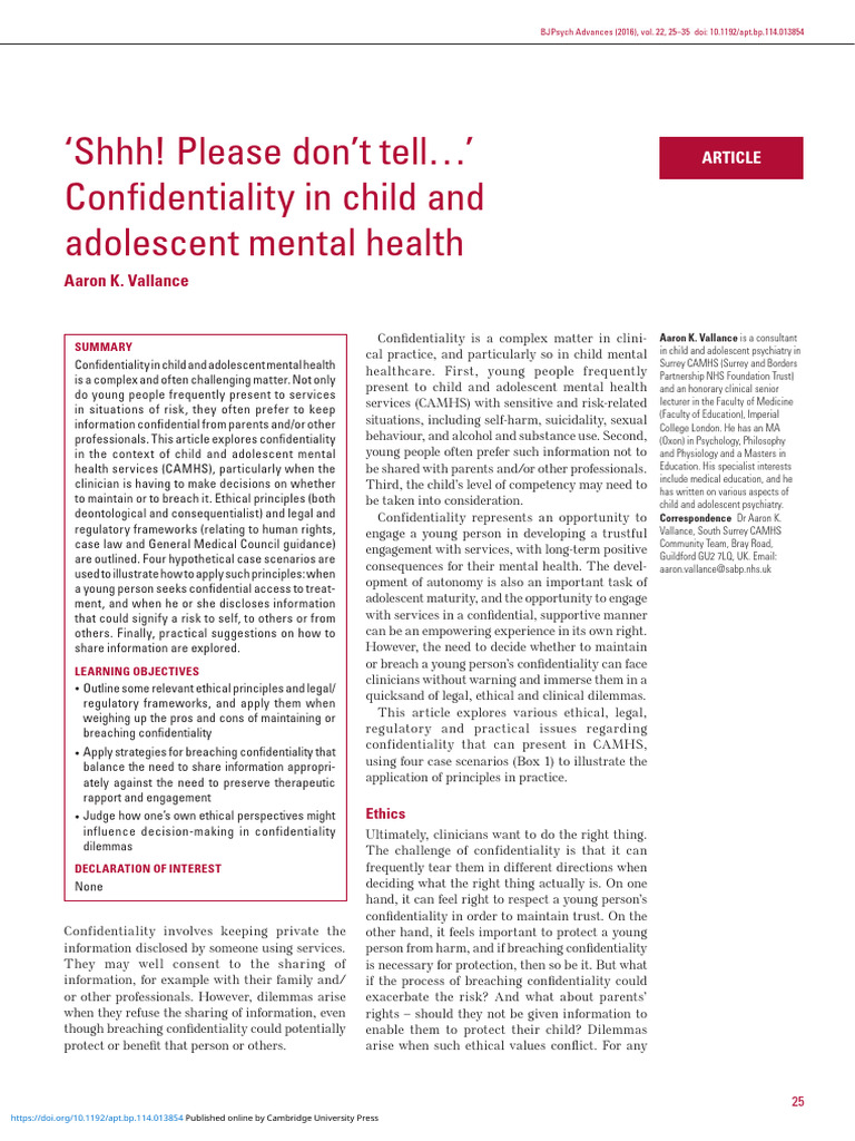 SHHH Please Dont Tell Confidentiality in Child and Adolescent Mental Health | PDF ...
