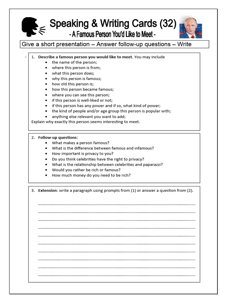 ESL TS 29 - Speaking Writing Cards (32) - A Famous Person You Would ...