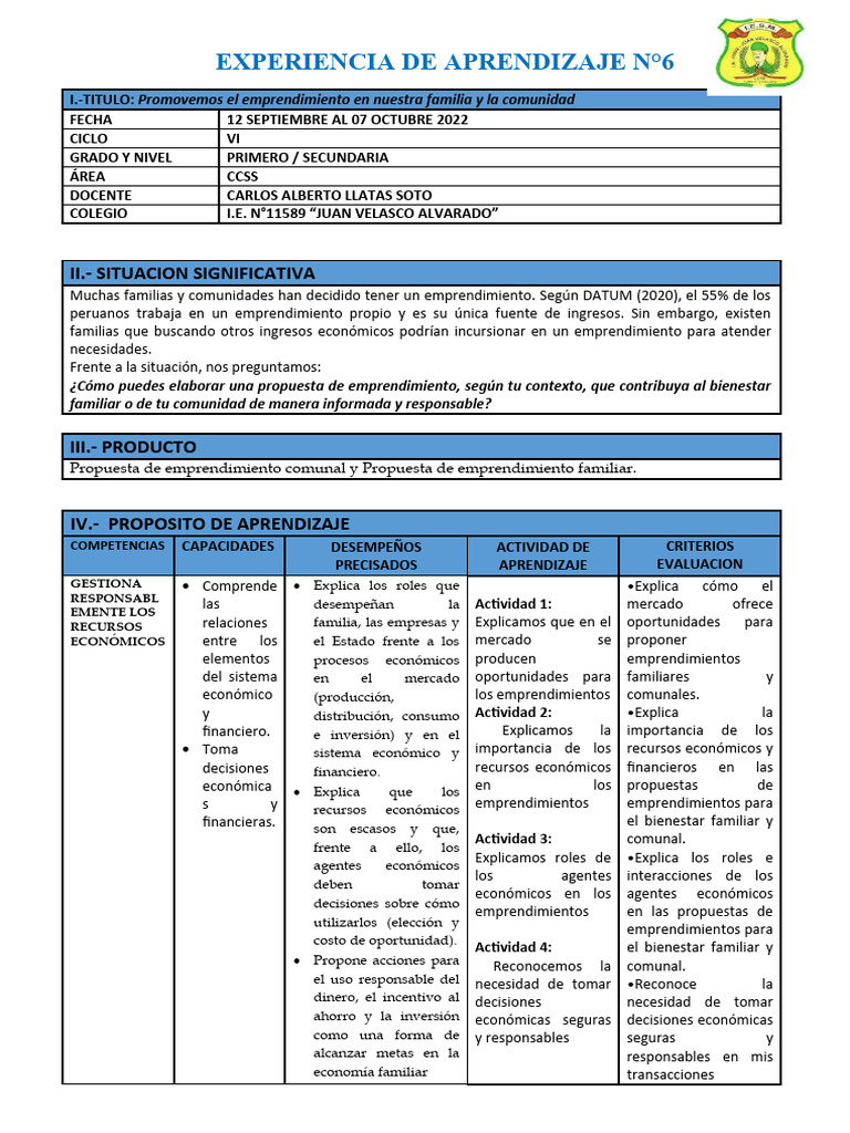 Eda #6 CCSS 1ºgrado | PDF | Aprendizaje | Iniciativa empresarial