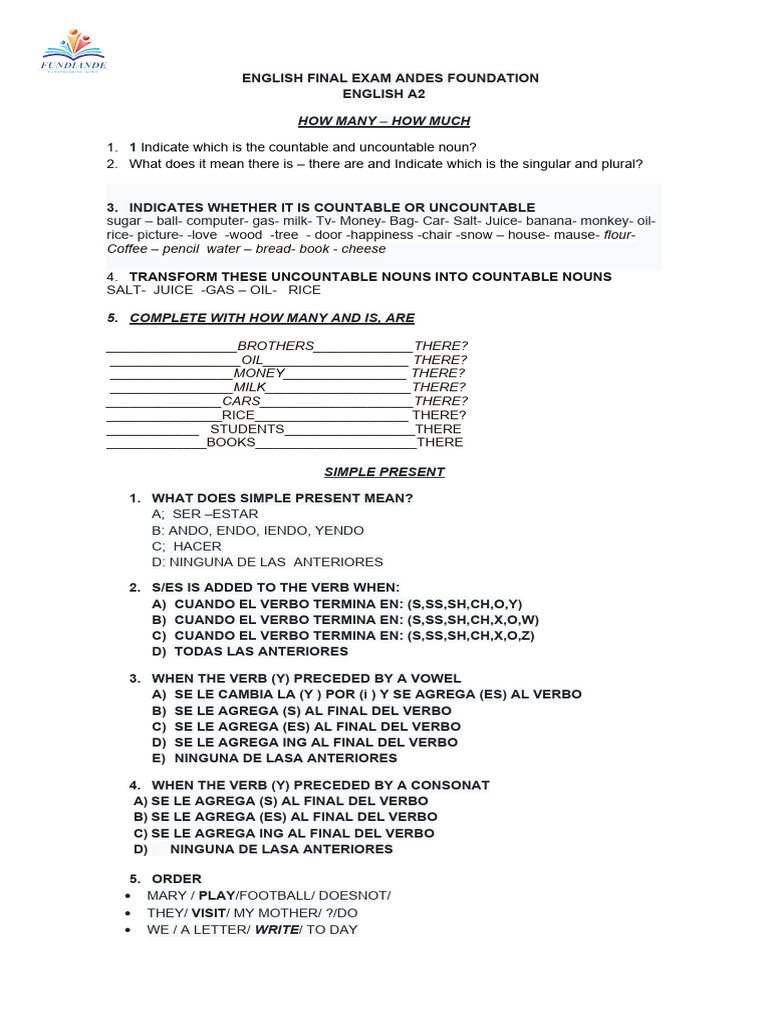 English Final Exam Andes Foundation English A1 | PDF | Linguistics ...