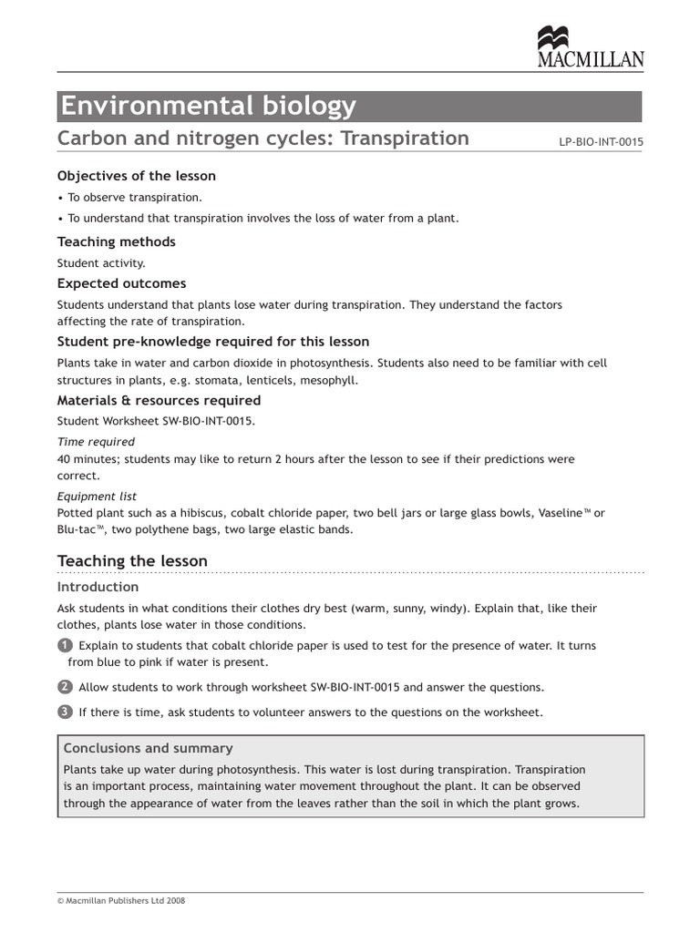 Environmental Biology - Carbon and Nitrogen Cycles - Transpiration ...