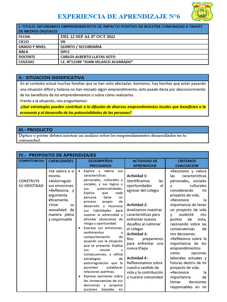 Eda #6 DPCC 5ºgrado | PDF | Aprendizaje | Evaluación