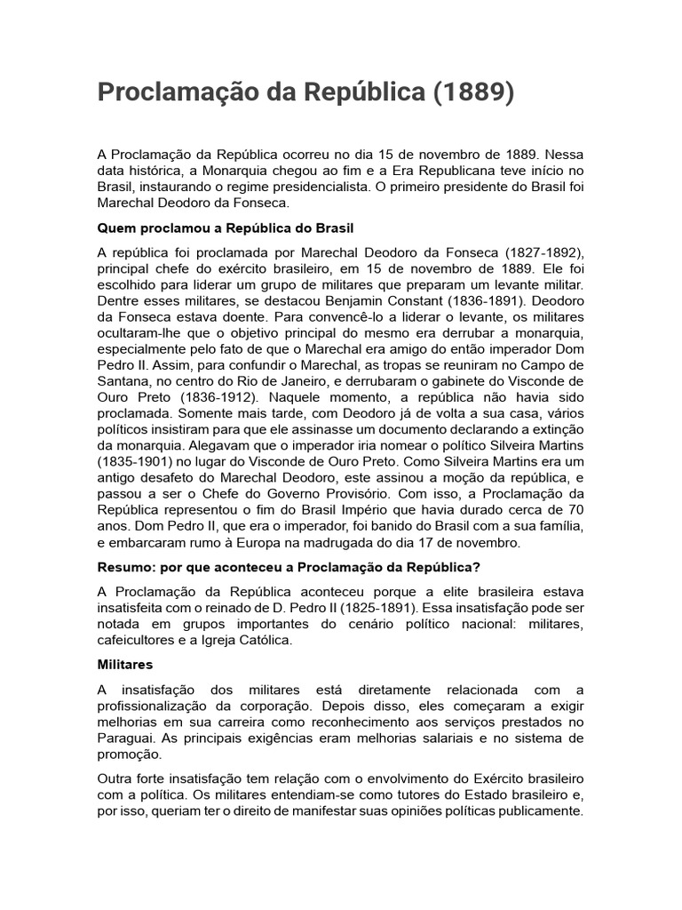 Proclamação da República no Brasil (1889) | PDF | República | Brasil
