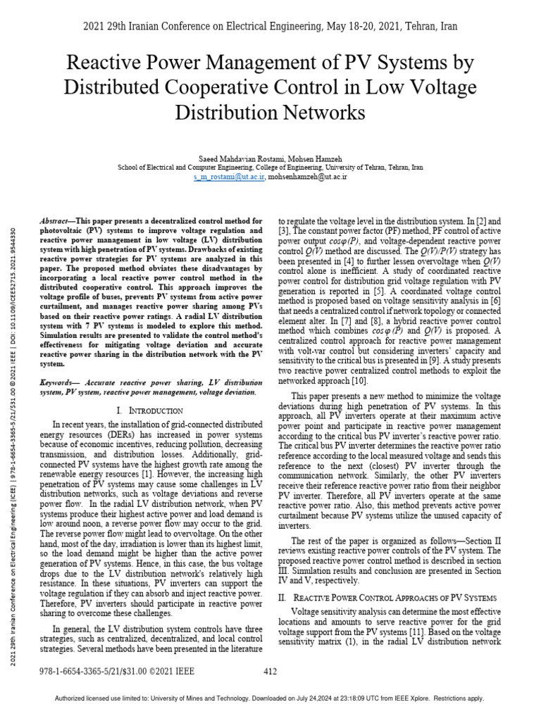 Reactive Power Management of PV Systems by Distributed Cooperative Control in Low Voltage ...