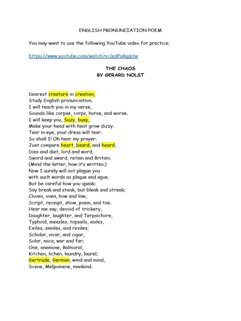 English Pronunciation Poem Guide | PDF | Poetry