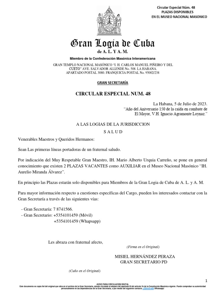 CIRCULAR ESPECIAL No 048 CONVOCATORIA PLAZAS DISPONIBLES EN MUSEO | PDF ...