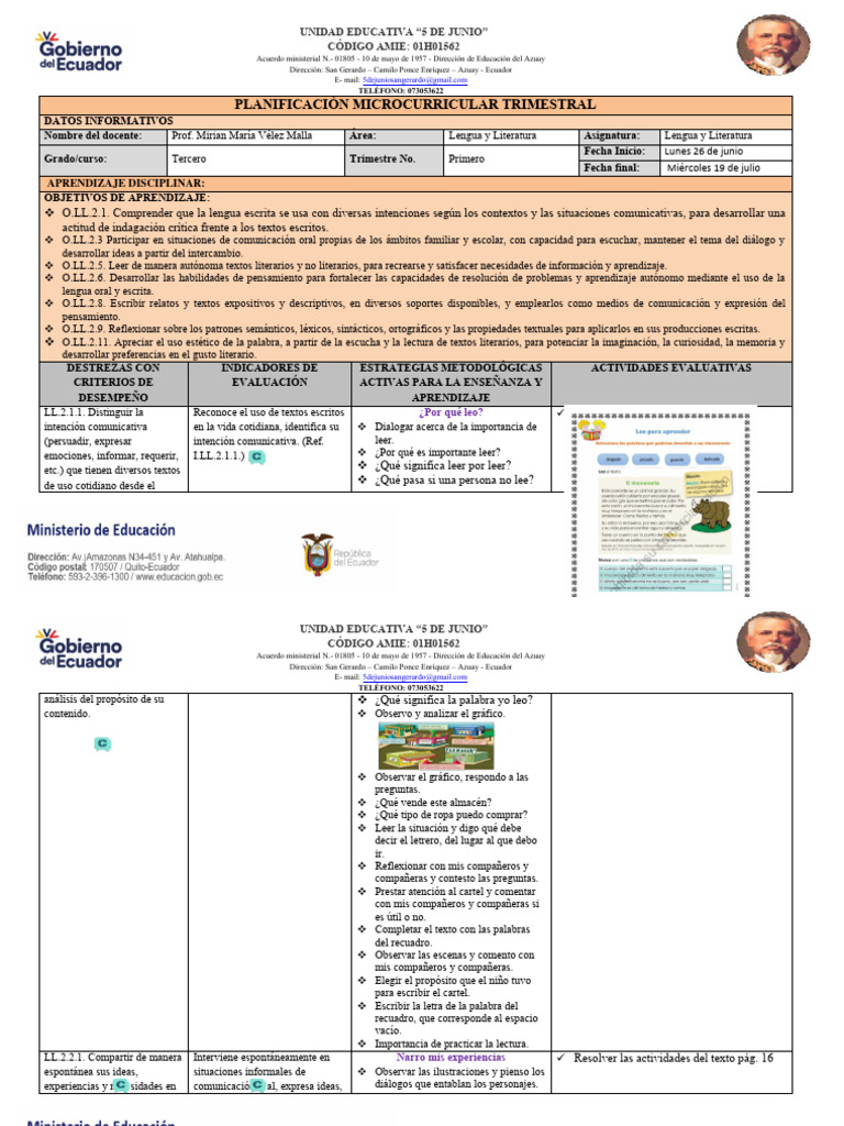 Planif. Lengua de Tercero Mir 2023 | PDF | Ortografía | Aprendizaje