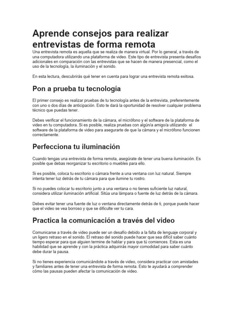 Aprende Consejos Para Realizar Entrevistas De Forma Remota Pdf