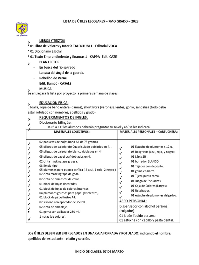 SCHOOL SUPPLIES 7th GRADE | PDF | Papelería