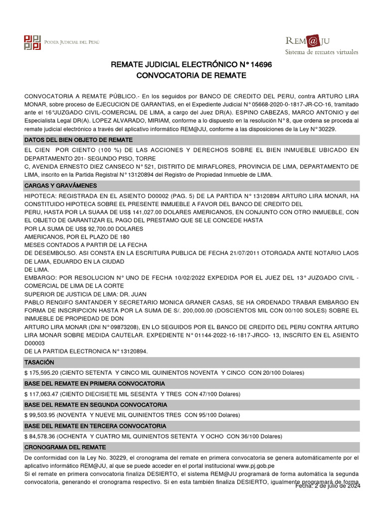 Aviso de Remate 14696 | PDF | Lima