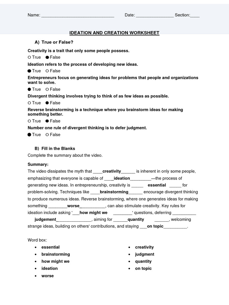 Ideation and Creativity Worksheet | PDF