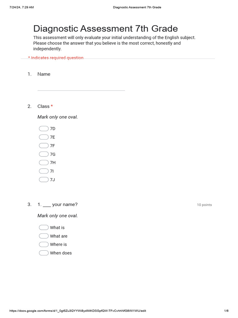 Diagnostic Assessment 7th Grade - Google Forms | PDF | Cognition ...