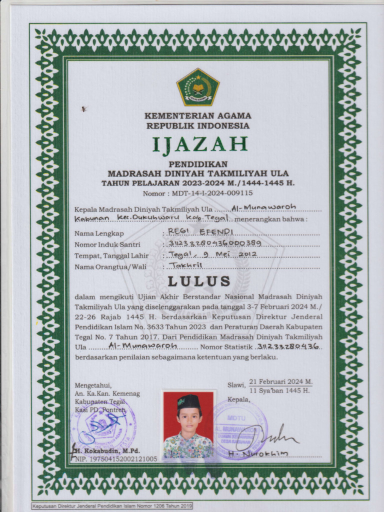 IJAZAH MDA REGI EFENDI - Compressed | PDF