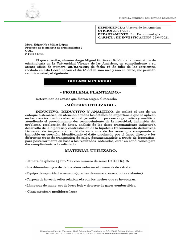 Dictamen Pericial J G R | PDF | Incendios | Combustión