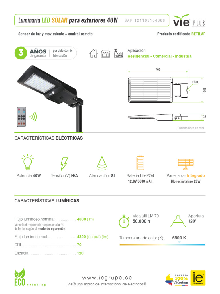 Luminaria SOLAR para Exteriores Vie® 40W FICHA TÉCNICA | PDF | Diodo emisor de luz | Electricidad
