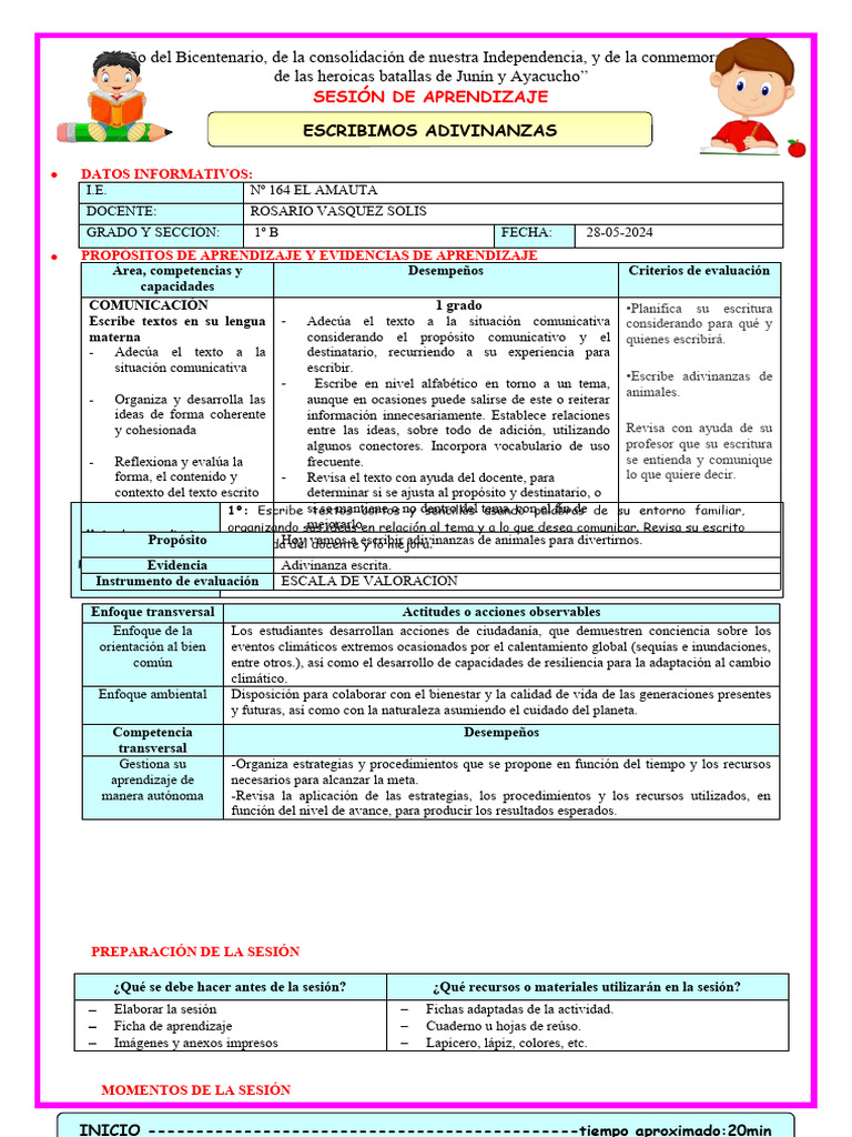 1º U3 S3 Sesion D3 Com Escribimos Adivinanzas | PDF | Aprendizaje | Evaluación