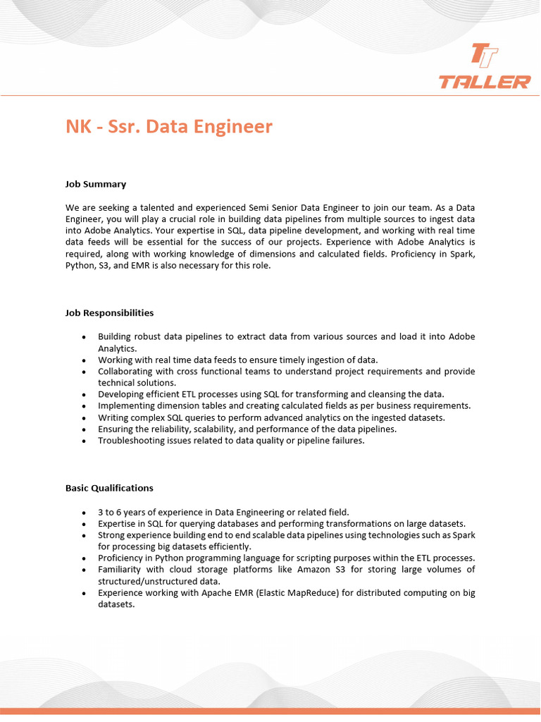NK - Ssr. Data Engineer | PDF | Apache Spark | Data