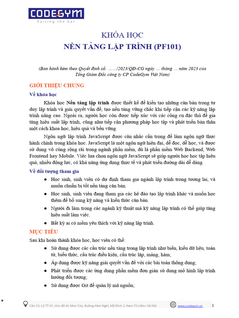 PF101 Product Note Nen Tang Lap Trinh 2024 | PDF